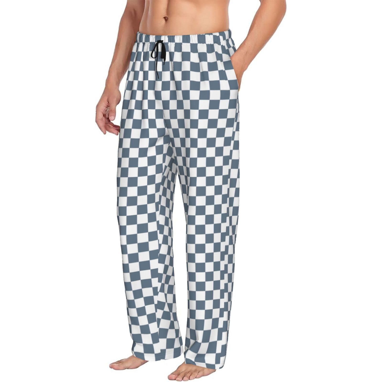 Long Pajama Pants for Men, Square Gray White Plaid Comfort Mens Bottoms ...