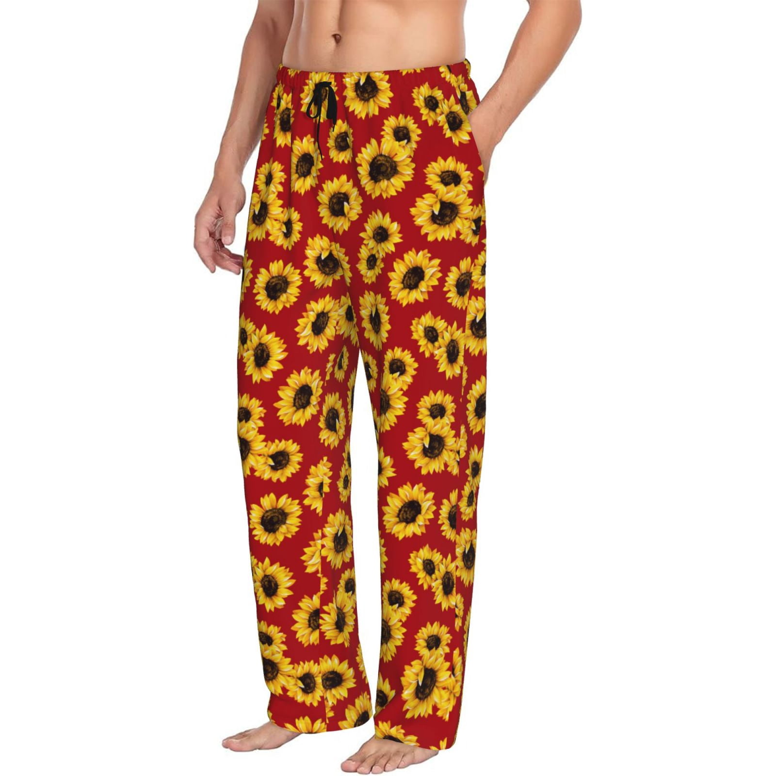 Long Pajama Pants for Men, Sunflowers On Red Comfort Mens Bottoms Sleep ...