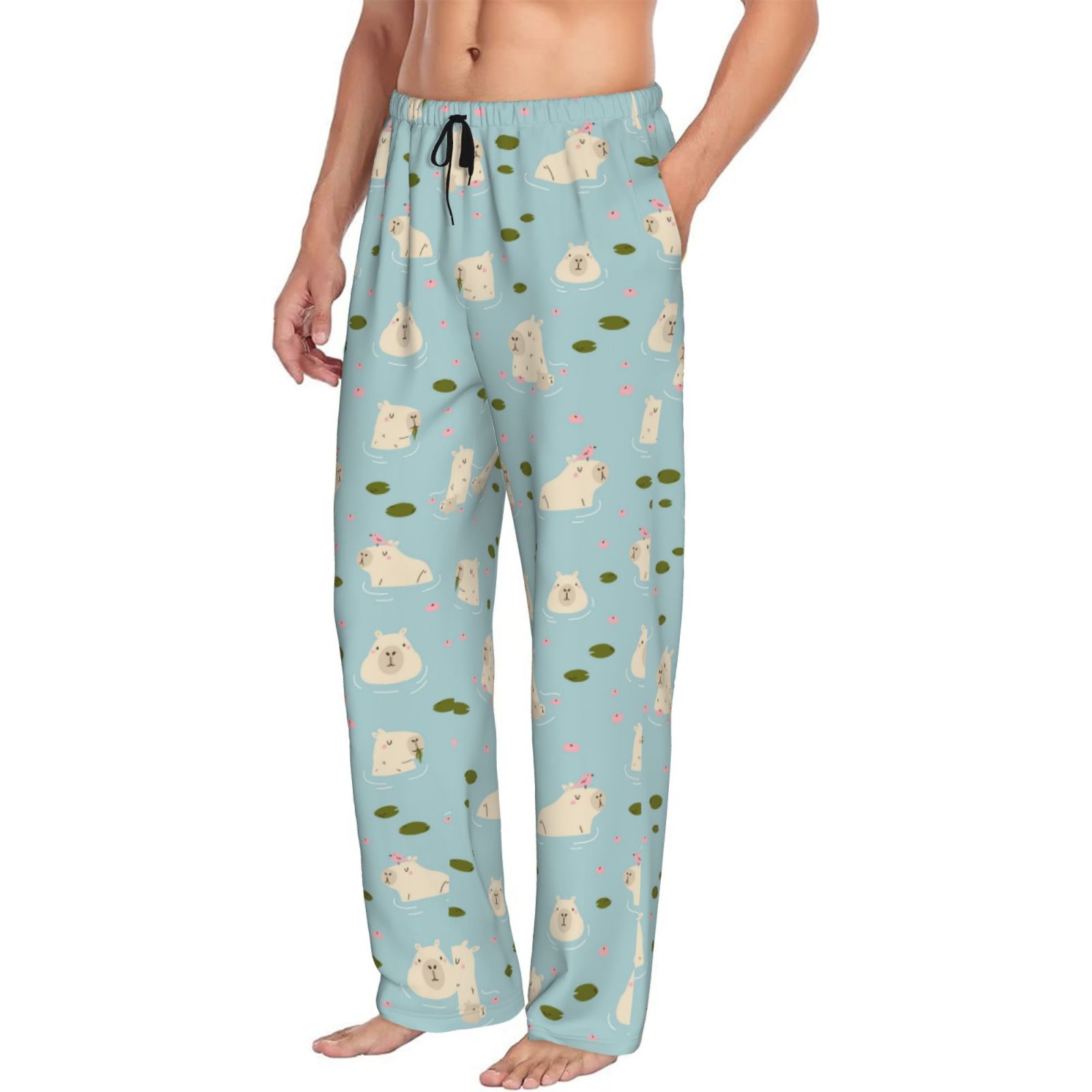 Long Pajama Pants for Men, Swim Capybaras Bird Comfort Mens Bottoms ...