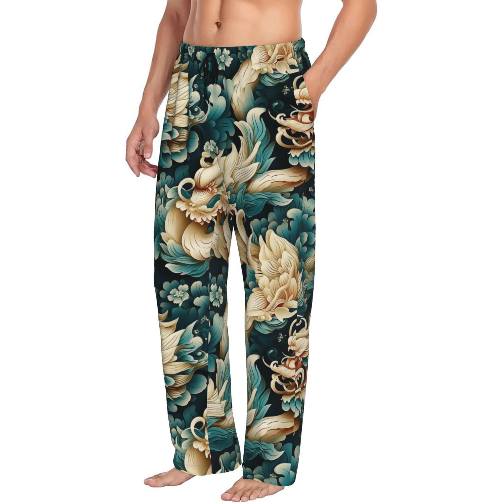 Long Pajama Pants for Men, Traditional Clouds Dragon Comfort Mens ...
