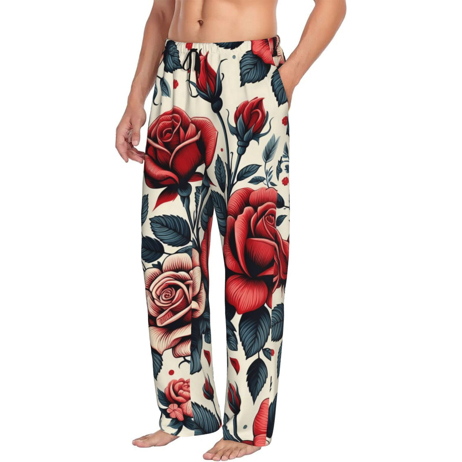 Long Pajama Pants for Men, Vintage Rose Floral Garden Comfort Mens ...