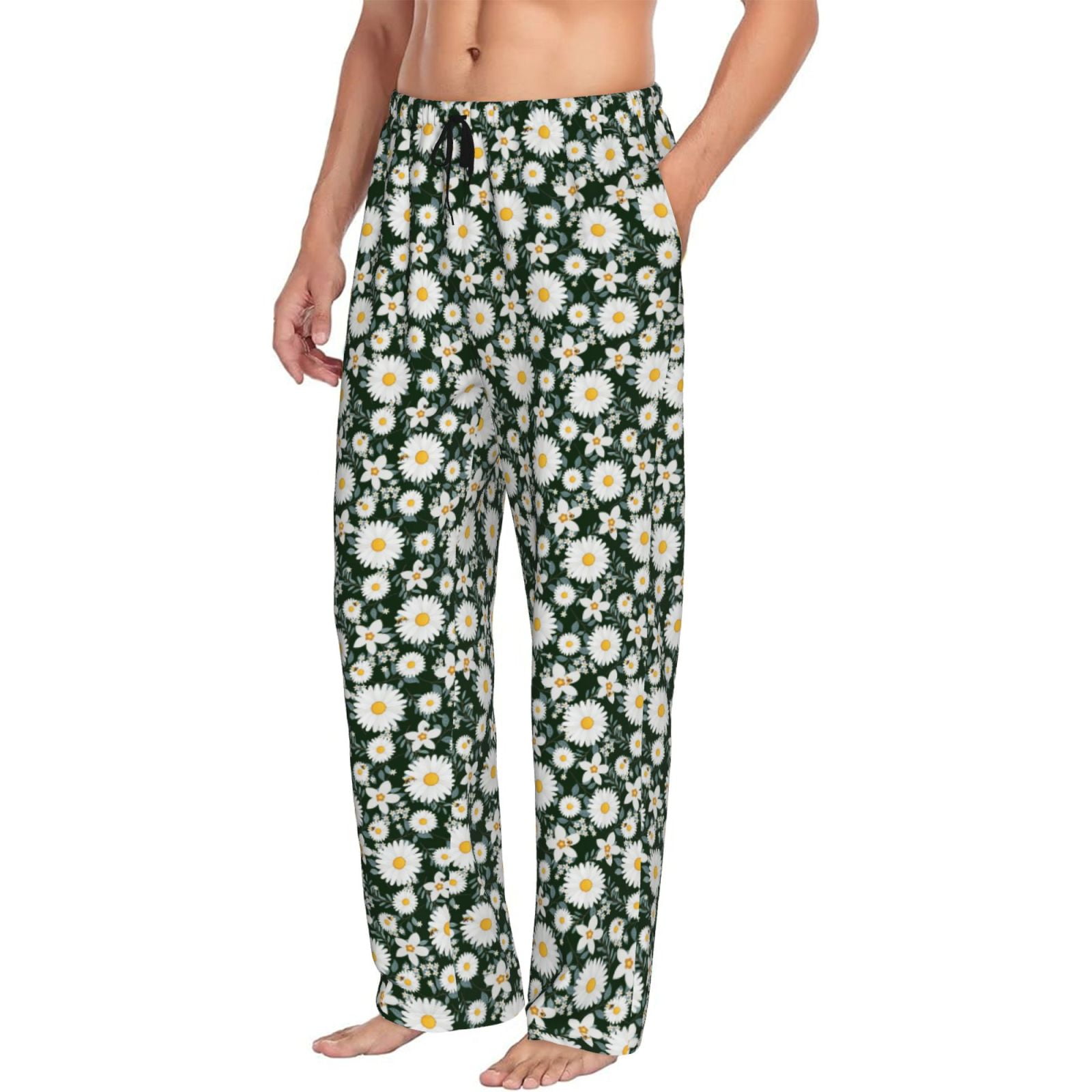 Long Pajama Pants for Men, White Daisies and Bee Comfort Mens Bottoms ...