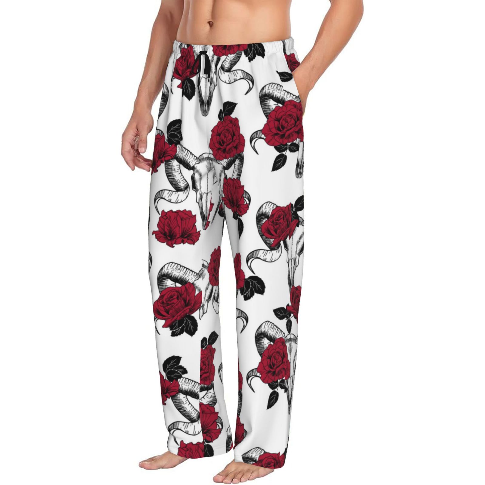 Long Pajama Pants for Men, goat skull red roses white Comfort Mens ...