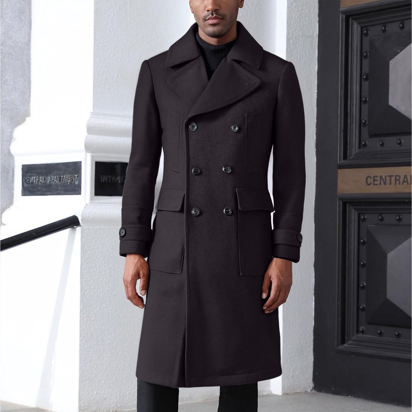 Long Peacoats for Men Fall Trench Coat Double Breasted Windbreaker Slim ...