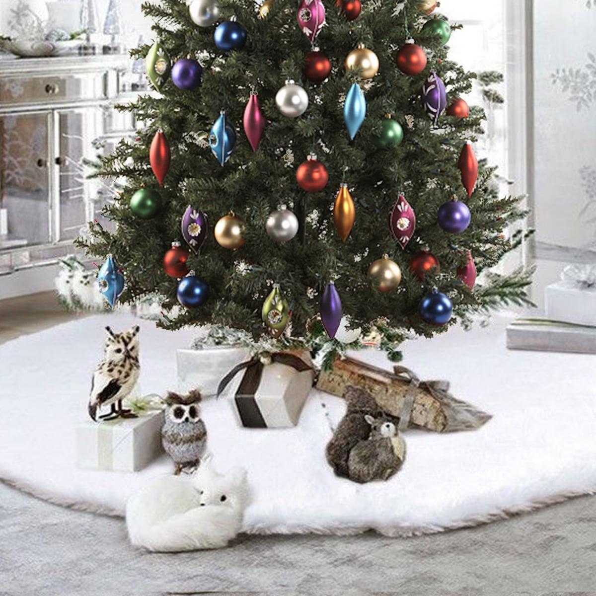 Long Plush White Snowflake Christmas Tree Skirt Base Floor Mat Cover ...