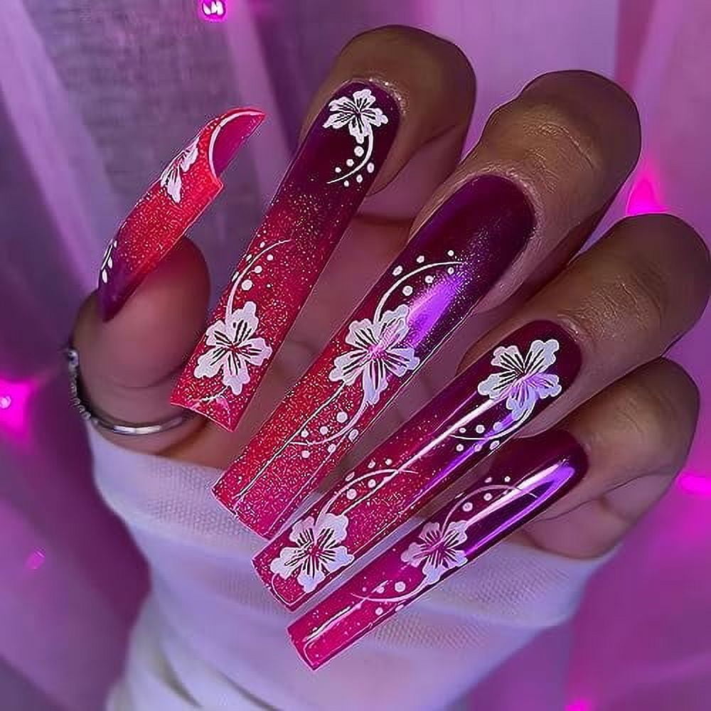 Long Press on Nails Square Fake Nails Laser Purple Pink False Nails ...