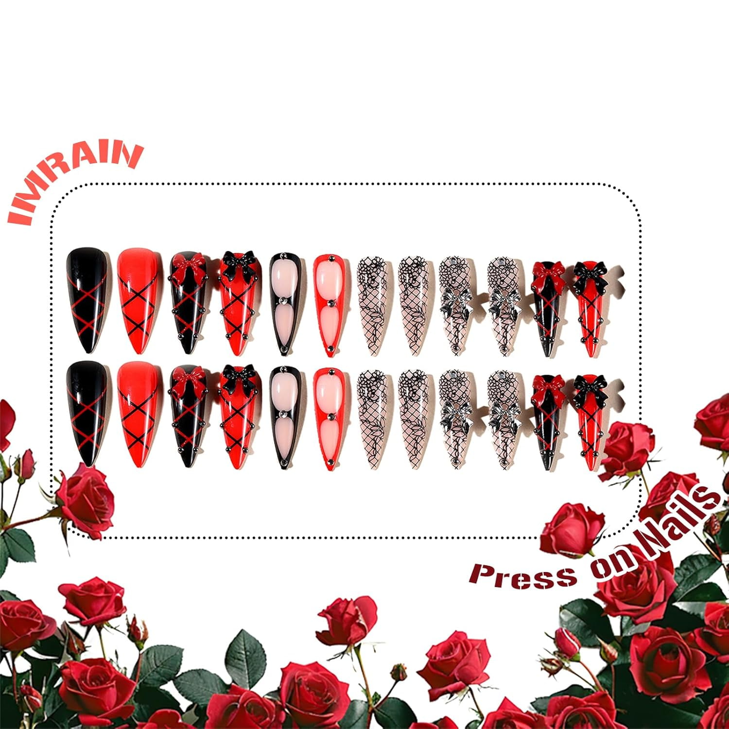 Long Press on Nails Stiletto Fake Nails Red Black False Nails Glossy ...