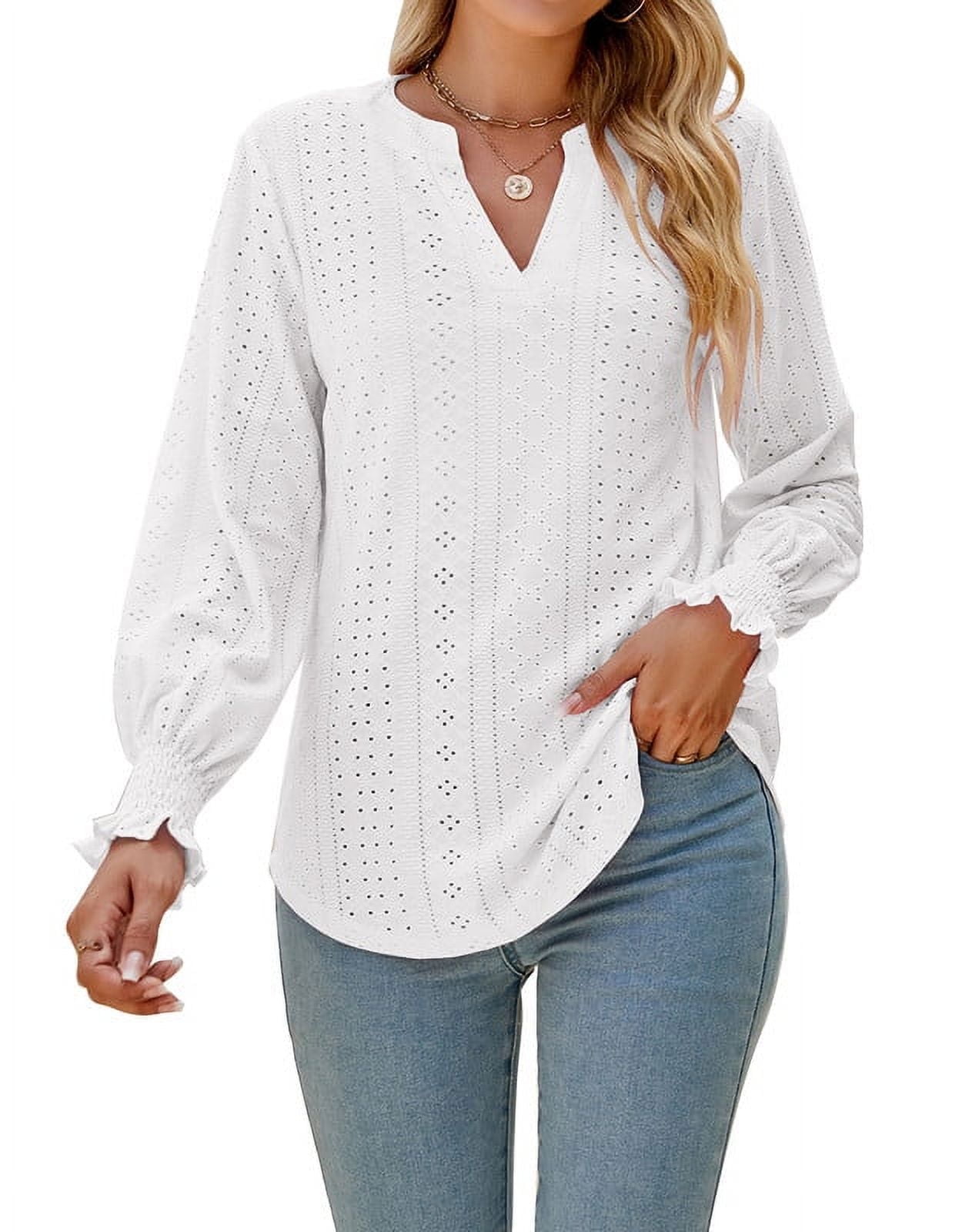 Long Puff Sleeve Shirts for Women Elegant Notch V Neck Tunic Blouses ...