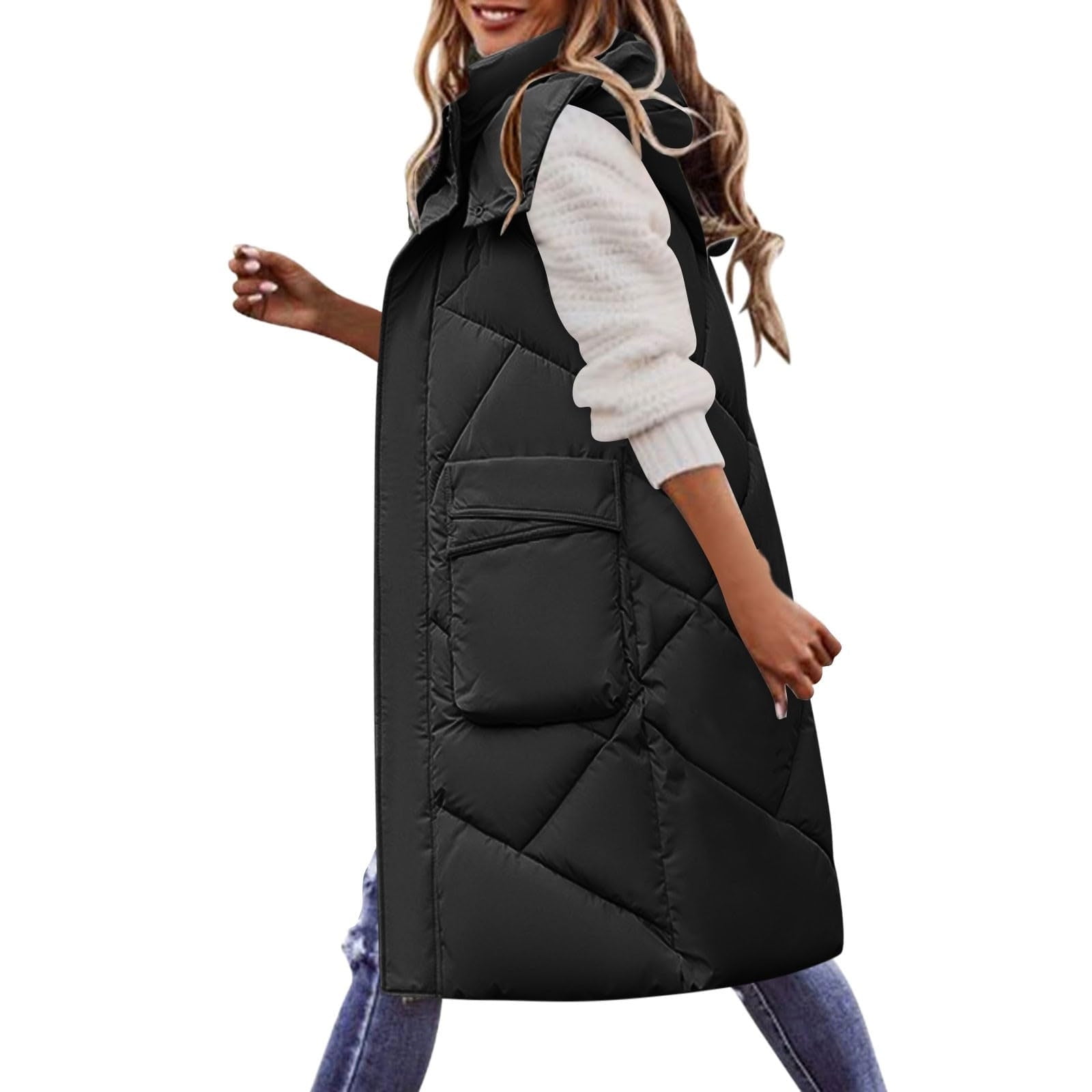 Long Puffer Vest Women, Ladies Zip Up Down Jacket with Detachable Hood ...