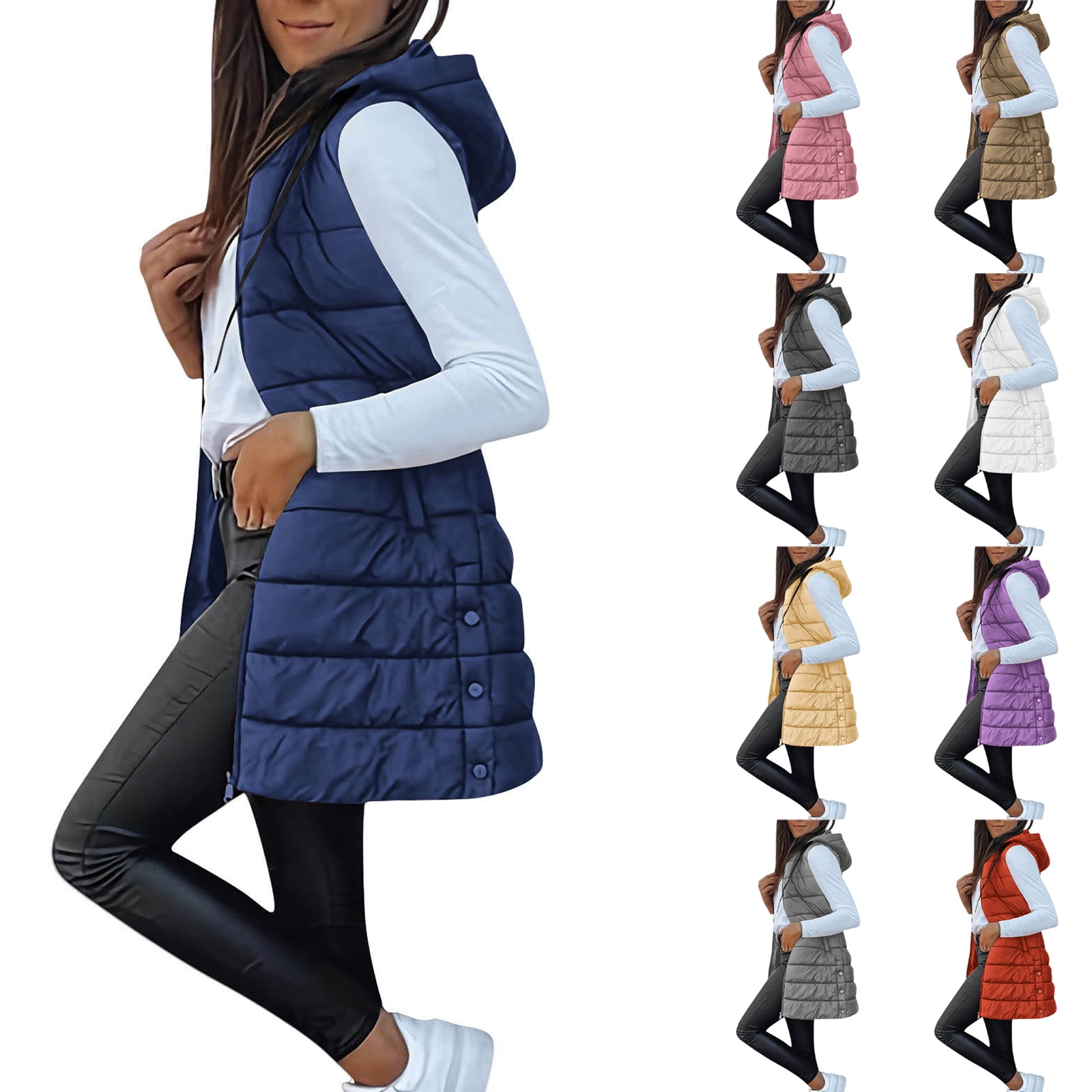Long Puffer Vest Women Oversized Quilted Hooded Jacket Lightweight Down ...