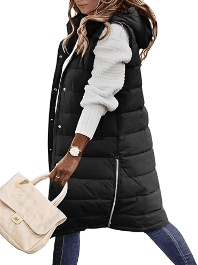 Long Puffer Vest Women Quilted Hooded Vest Zip Up Sleeveless Vests ...