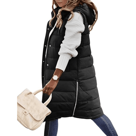 Long Puffer Vest Women Quilted Hooded Vest Zip Up Sleeveless Vests ...