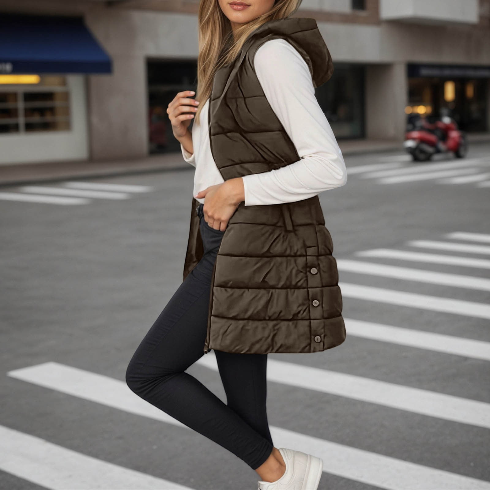 Long Puffer Vest Women Sleeveless Quilted Hooded Fall Winter Puffer ...