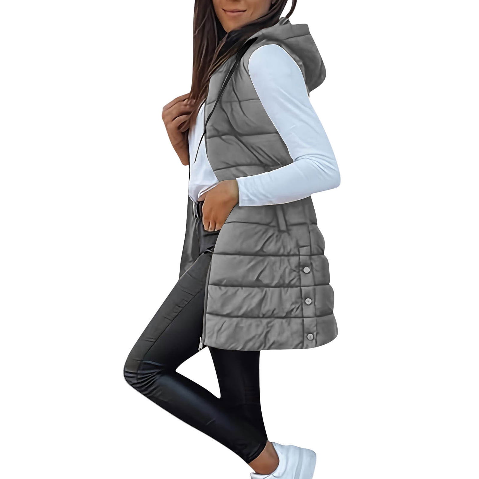 Long Puffer Vest Women Winter Hooded Vests Casua Lightweight Quilted ...