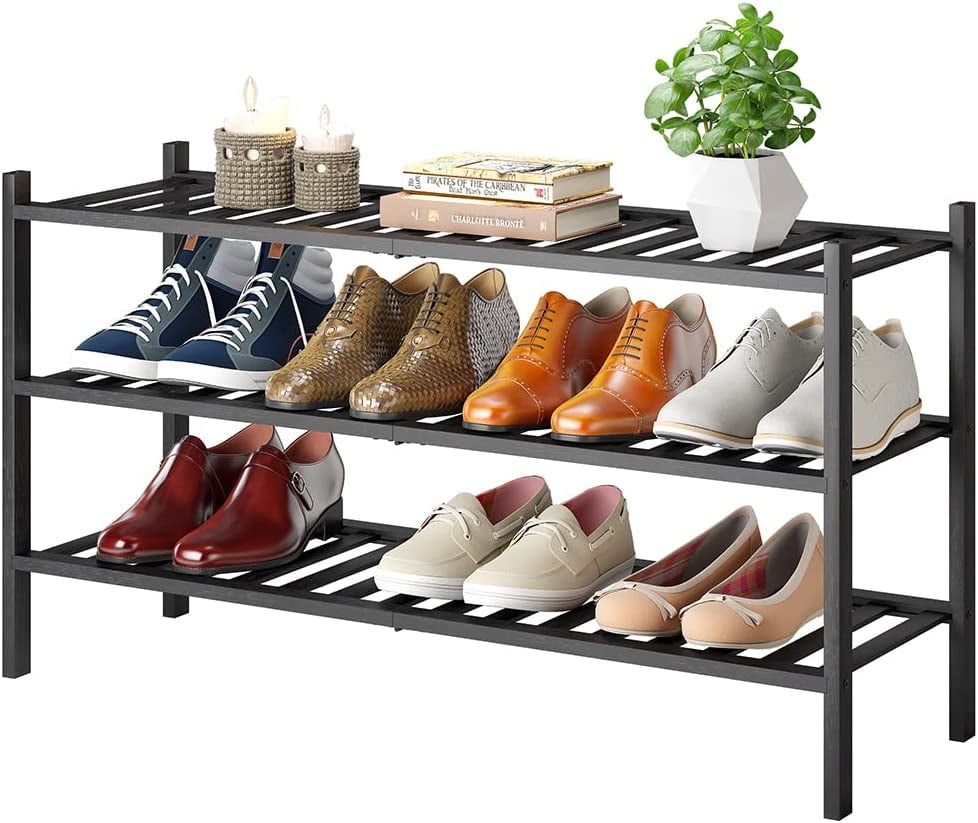 Long Shoe Rack, 3-Tier Bamboo Stackable Shoe Shelf Storage Organizer ...