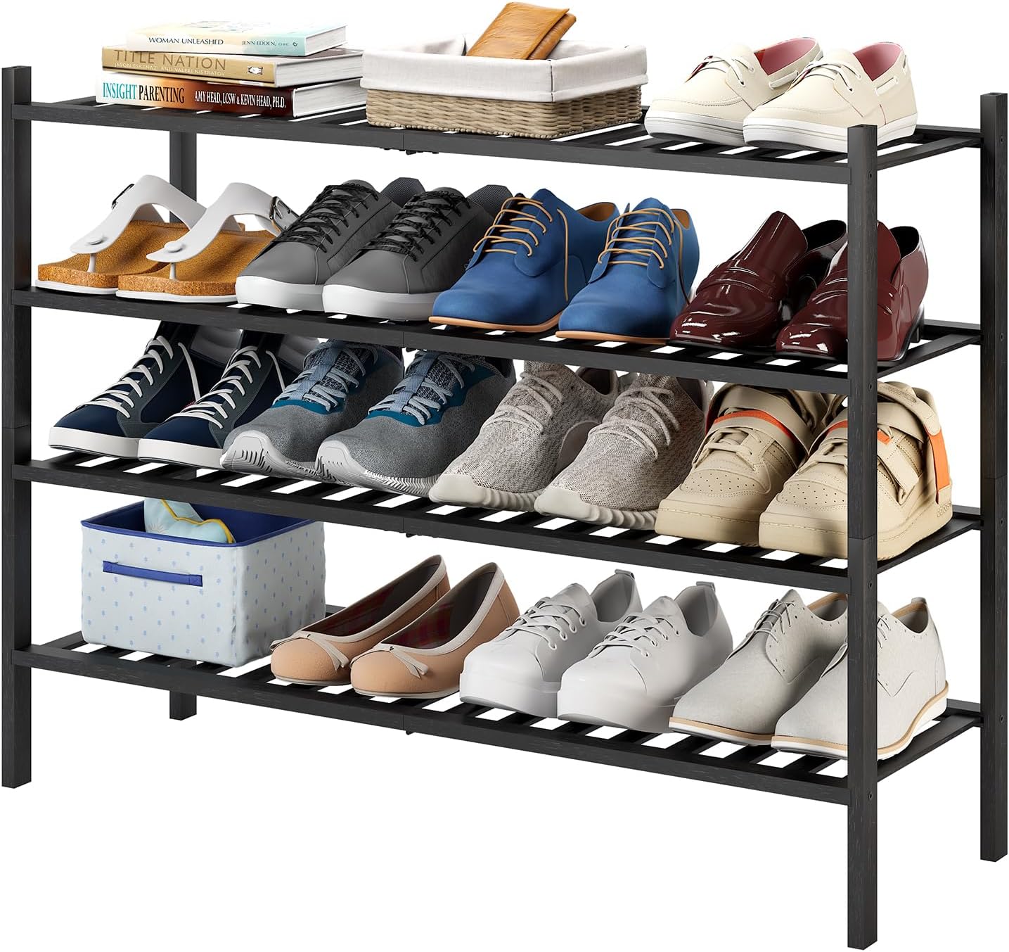 Long Shoe Rack, 4-Tier Bamboo Stackable Shoe Shelf Storage Organizer ...