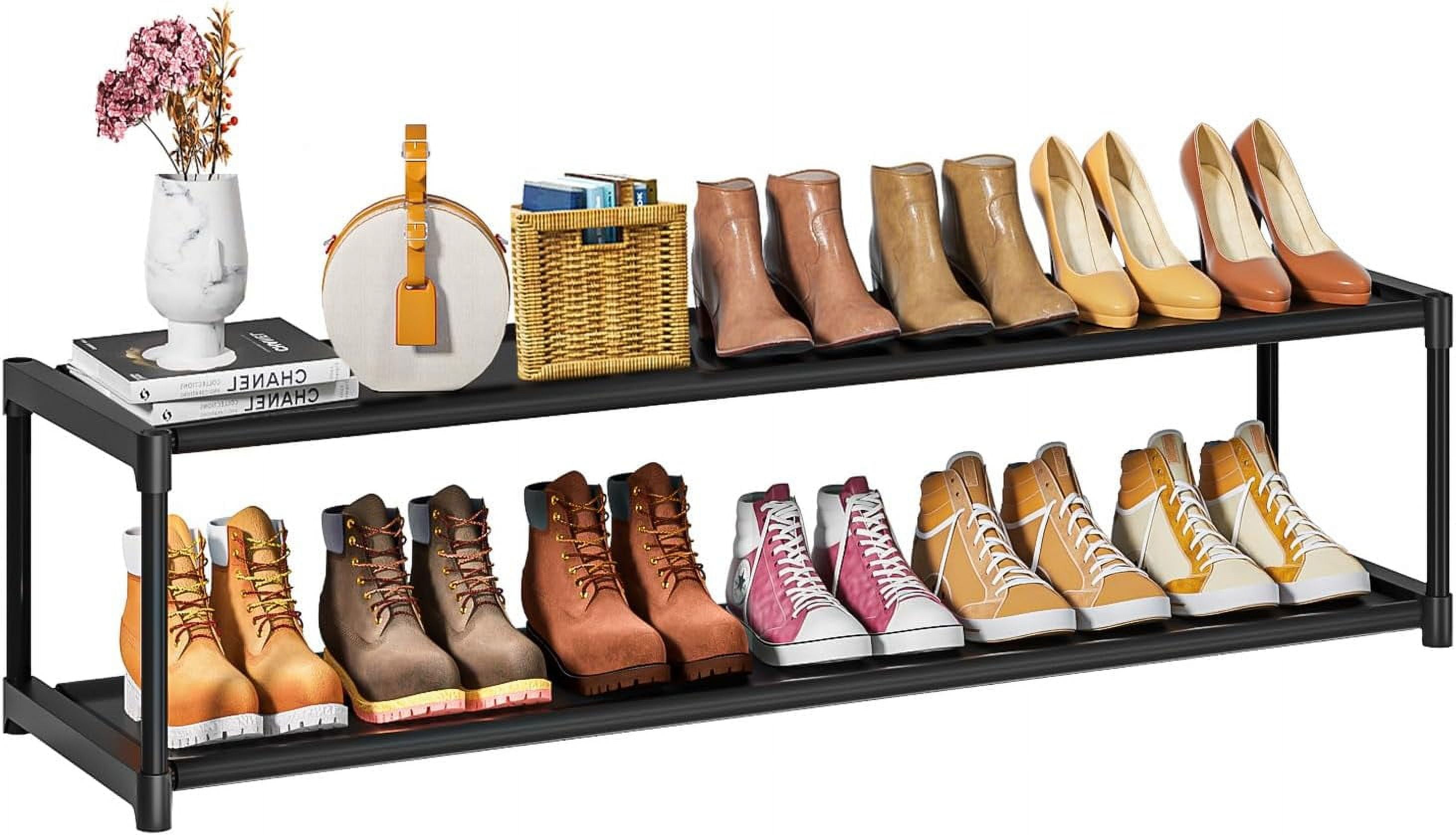 Long Shoe Rack 4 Tier Shoe Storage Organizer with 2 Hooks, Wide Shoe ...