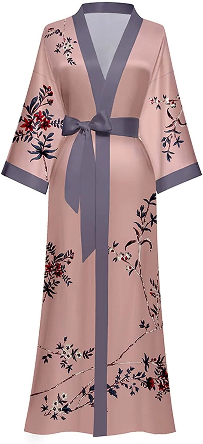 Long Silk Kimono Robes for Women Lightweight Silky Satin Floral ...