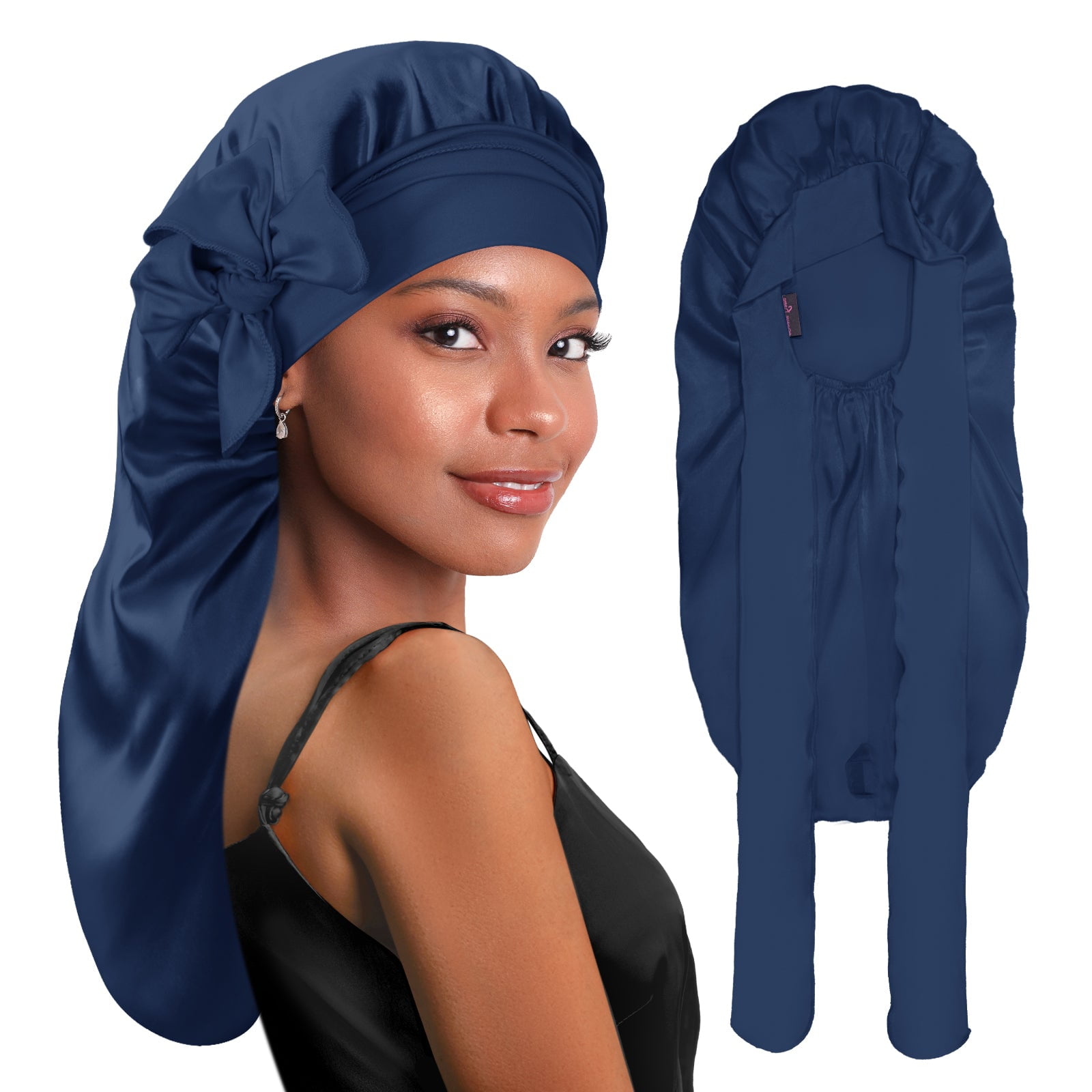 Long Silky Satin Braid Bonnet with Tie Band Navy Blue - Walmart.com
