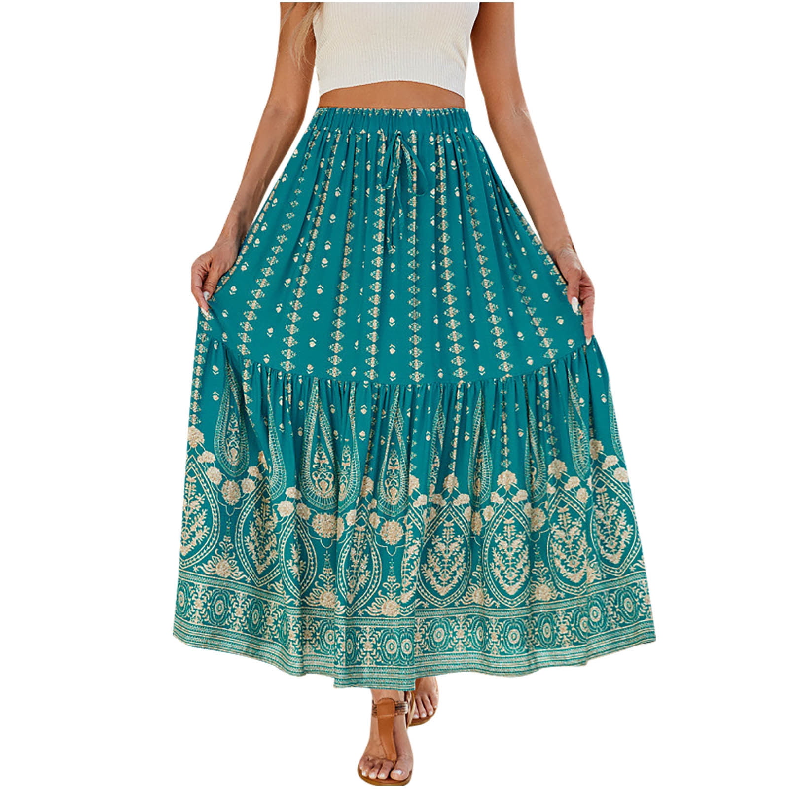 Long Skirts for Women 2025 Vintage Printing High Waist Lace Up Split ...