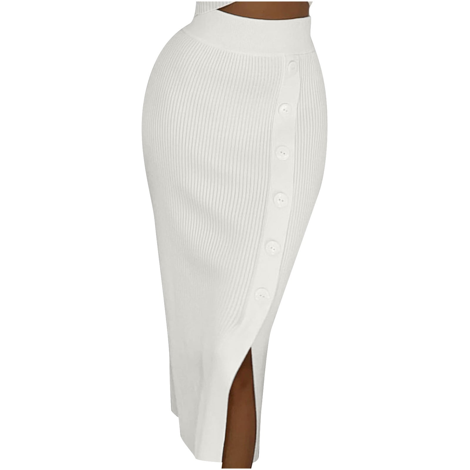Long Skirts for Women Basic Plain Stretchy Ribbed Knit Side Button ...