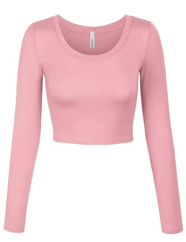 Long Sleeve Basic Crop Top Round Neck With Stretch - Walmart.com