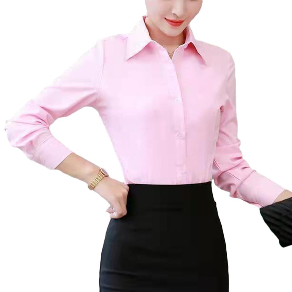 Long Sleeve Blouse Women Shirt Office Lady Business Button Up Solid ...