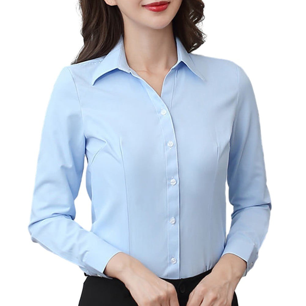 Long Sleeve Blouse Women Shirt Office Lady Business Button Up Solid ...