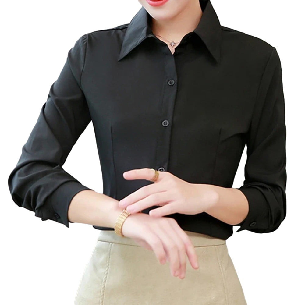 Long Sleeve Blouse Women Shirt Office Lady Business Button Up Solid ...