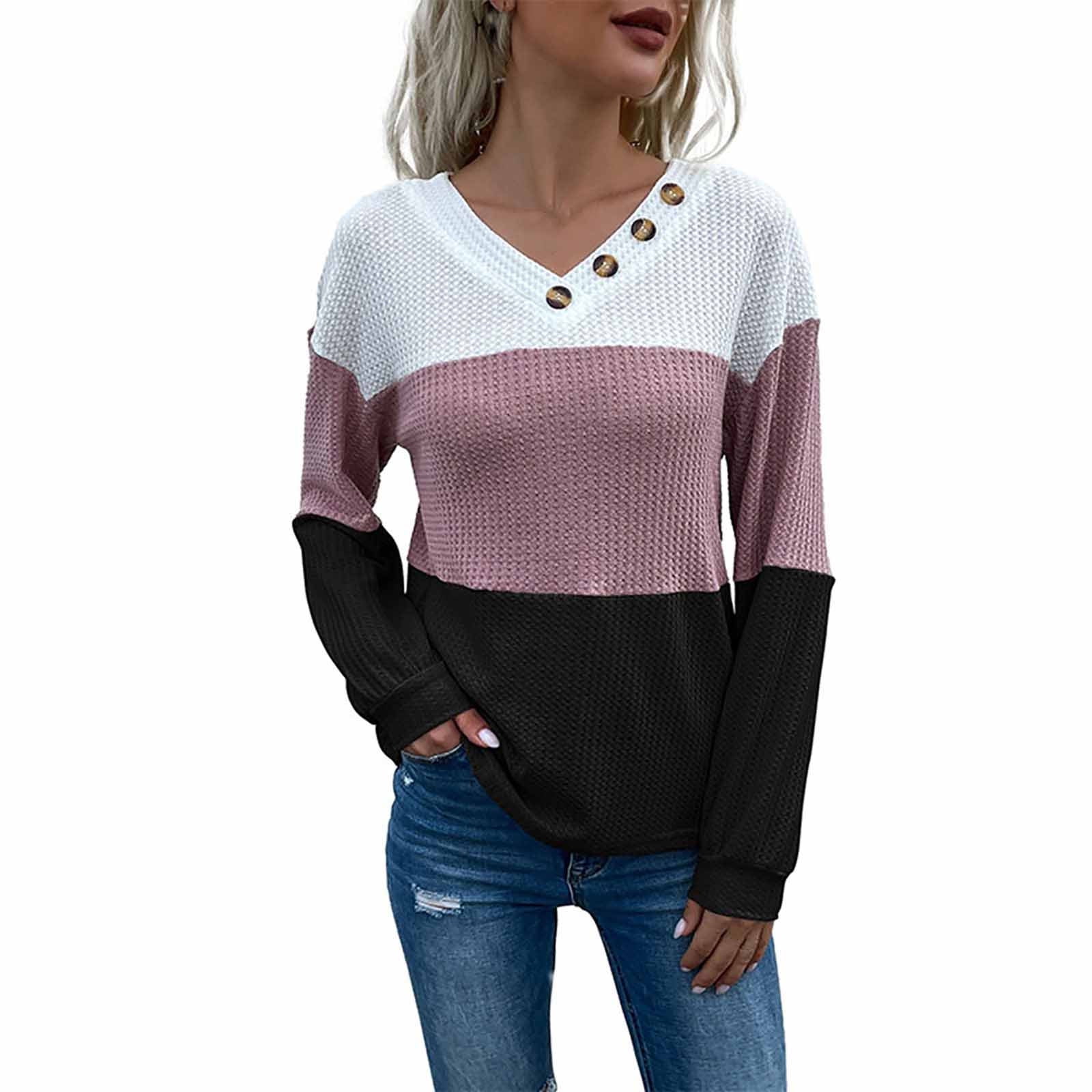 Long Sleeve Blouses for Women Colorblock Waffle Top Casual V Nekc ...