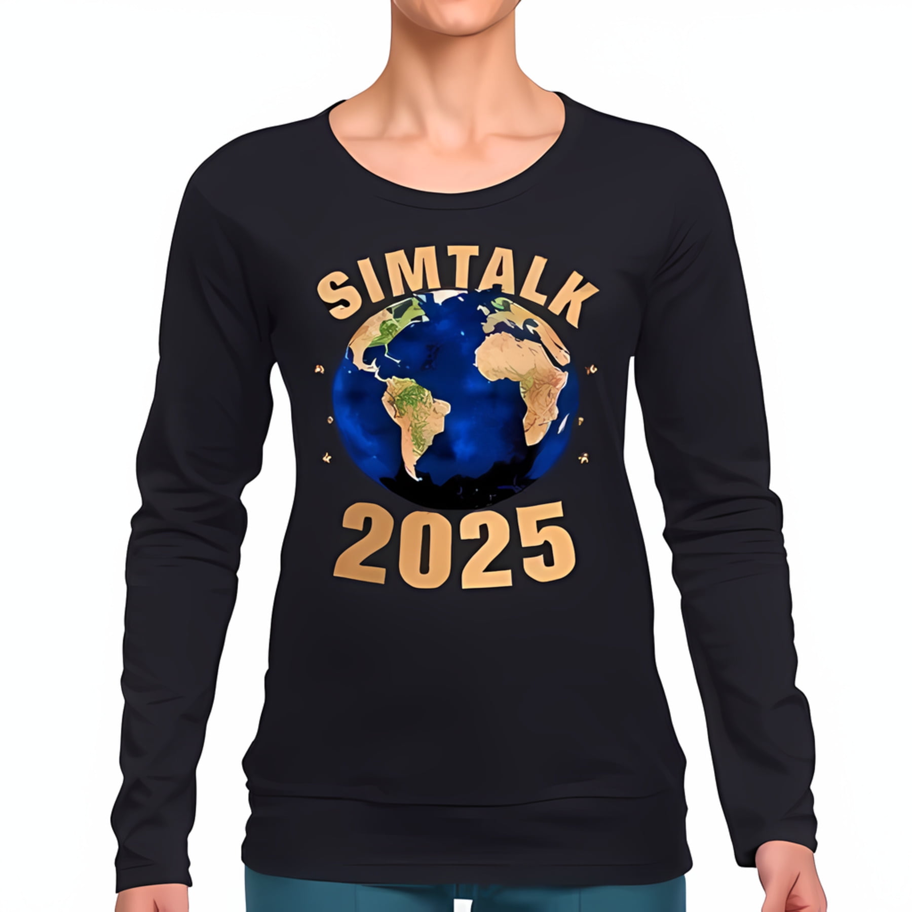 Long Sleeve Blue Sweatshirt with Earth Design Gold 'SIMTALK' Text ...