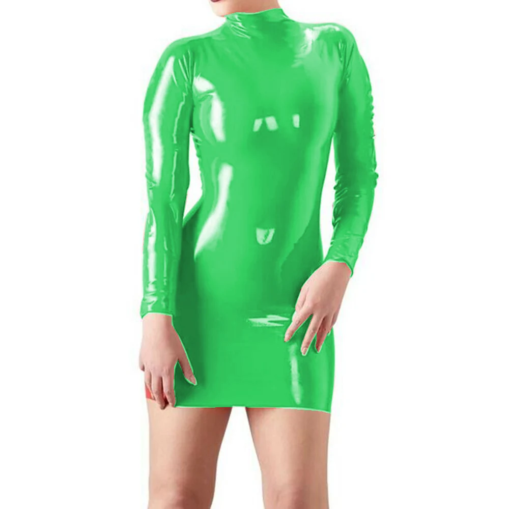 Long Sleeve Bodycon Mini Dress for Women Glossy PVC Leather Silm Fit ...