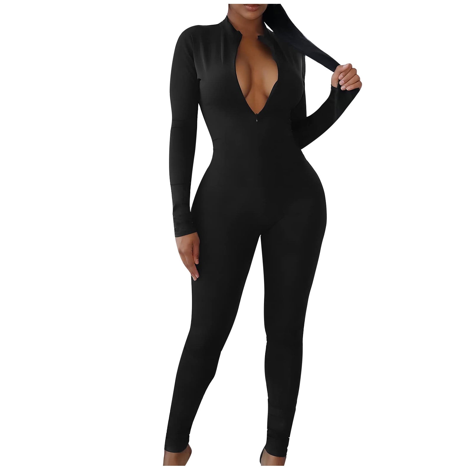 Long Sleeve Bodysuit Womens Front Zipper Casual Sexy V Neck Jumpsuit Slimming Fit Zip Mock Neck