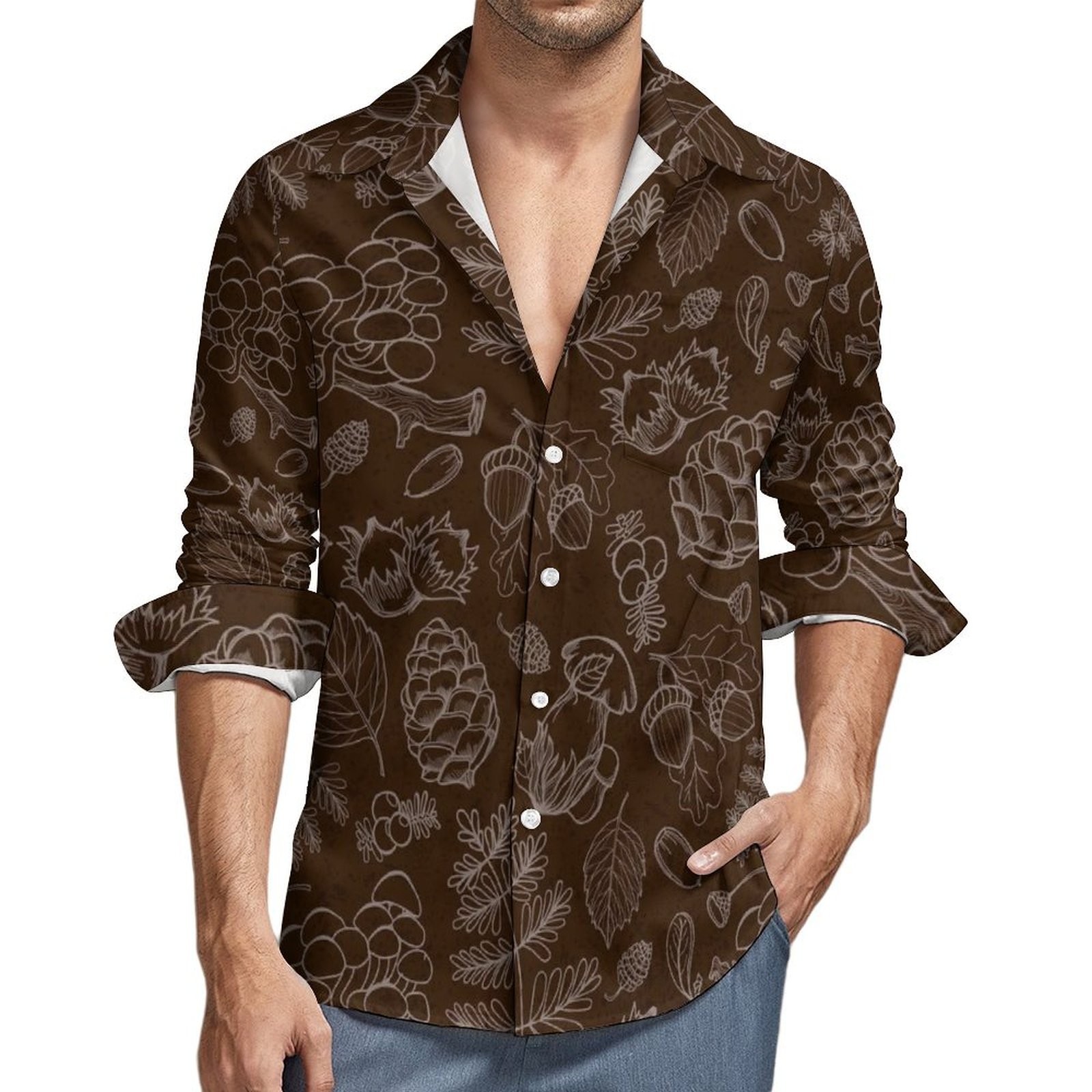 Long Sleeve Button Down Shirts for Men, Autumn Brown Plants Casual ...