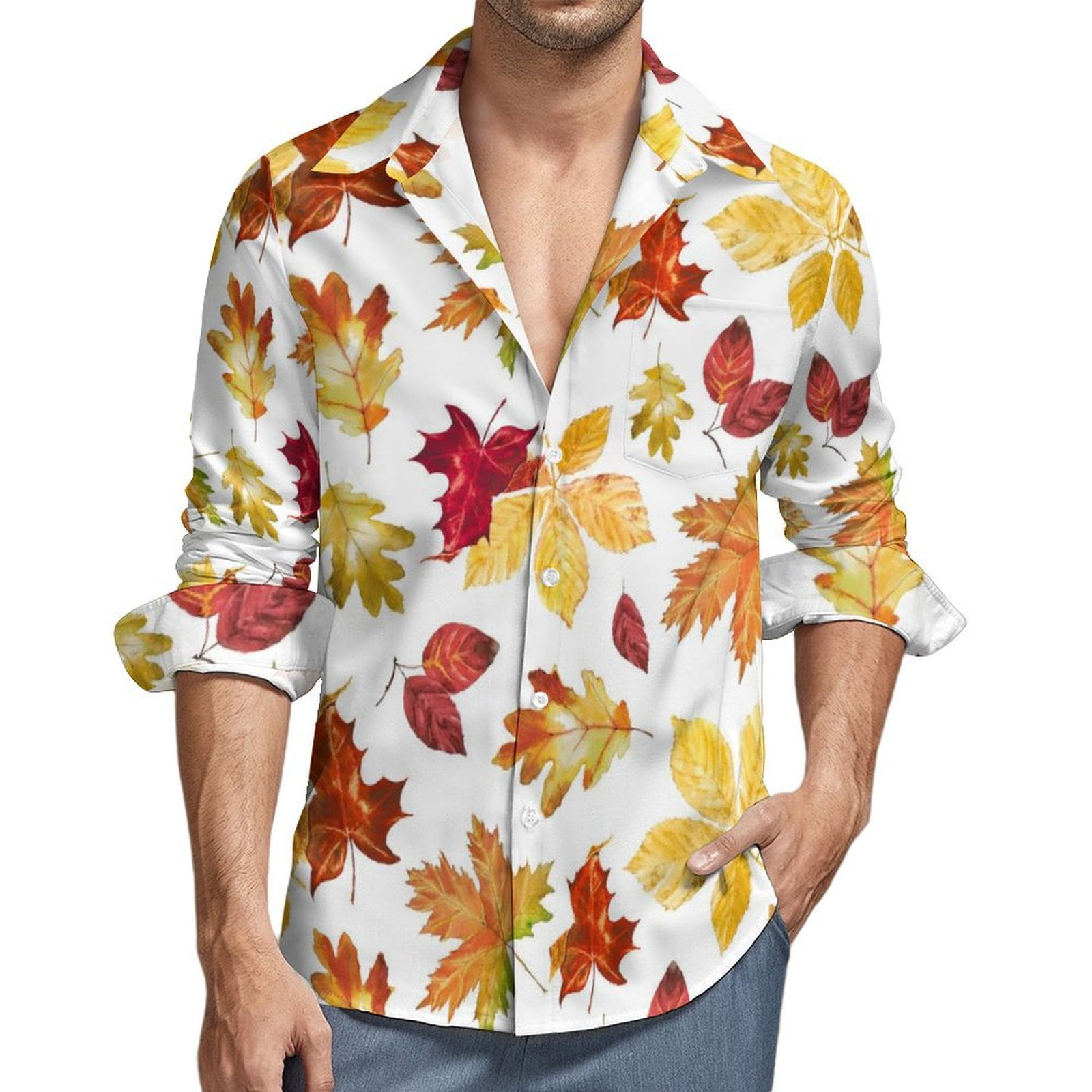 Long Sleeve Button Down Shirts for Men, Autumn Leaves 1 Soft Casual V-Neck Mens Button Up Shirt ...