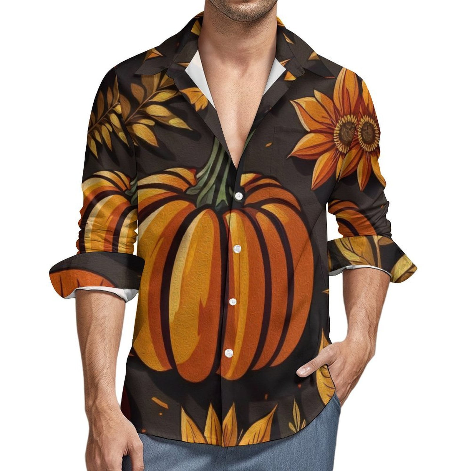 Long Sleeve Button Down Shirts for Men, Autumn Pumpkin Leaves Soft Casual V-Neck Mens Button Up ...