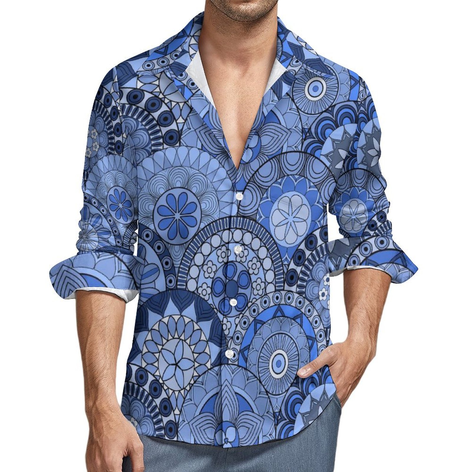 Long Sleeve Button Down Shirts for Men, Blue Mandala Harmony Soft ...