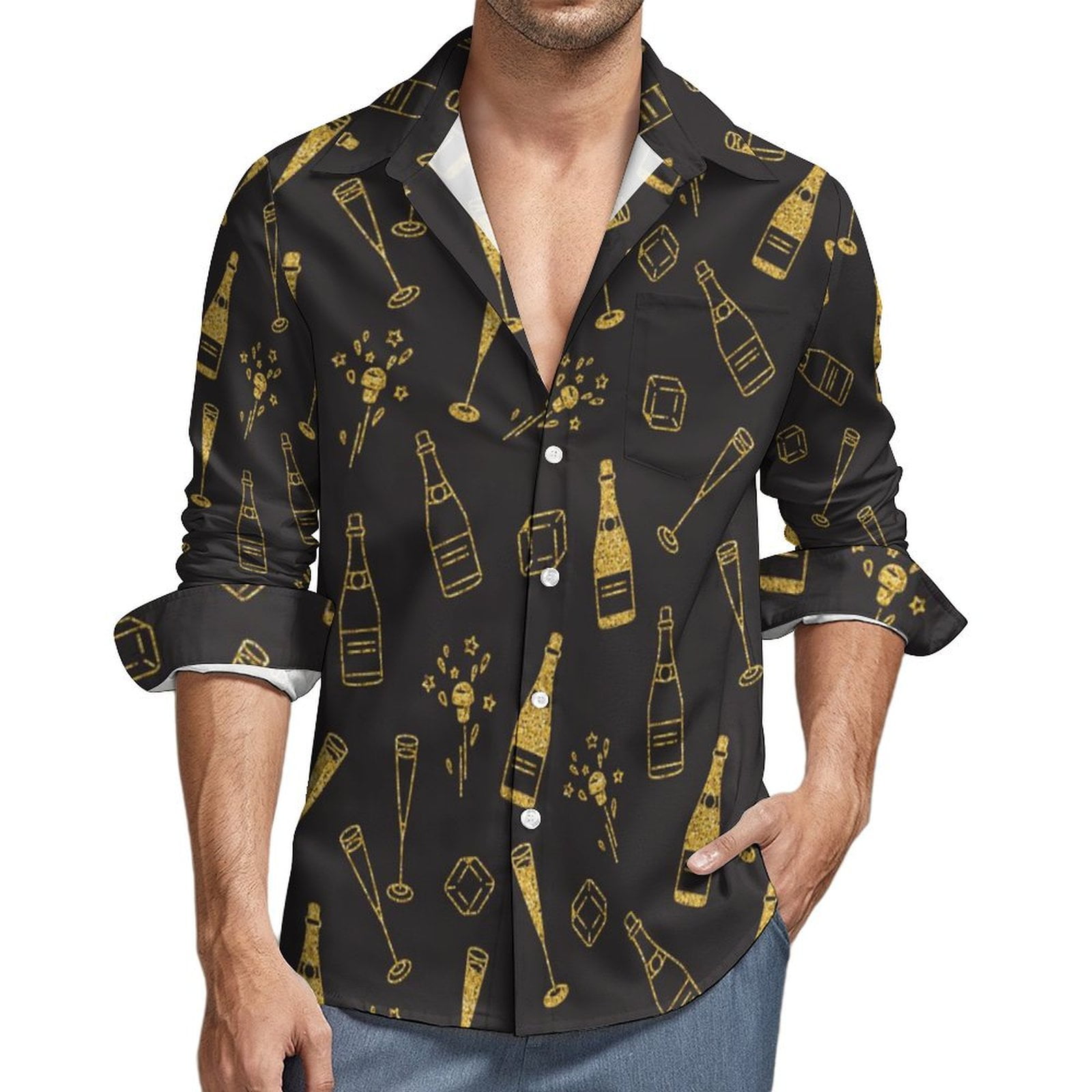 Long Sleeve Button Down Shirts for Men Bottles Casual V Neck Mens ...