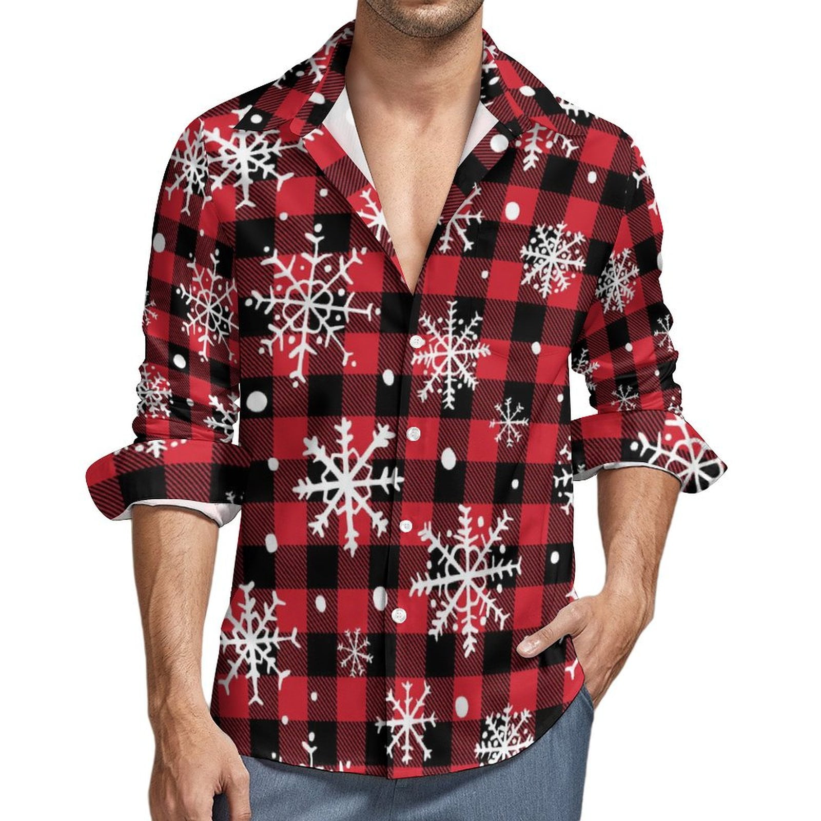 Long Sleeve Button Down Shirts for Men, Buffalo Plaid Snowflakes Casual ...