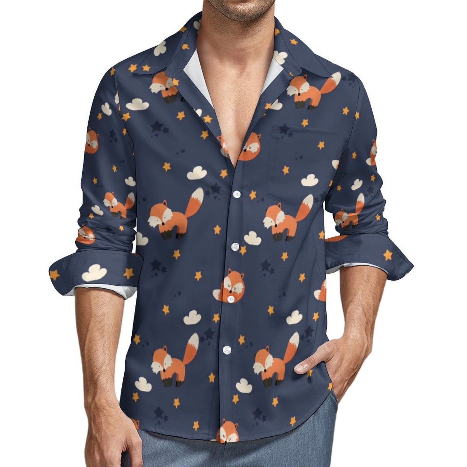 Long Sleeve Button Down Shirts for Men, Cartoon Fox V-Neck Mens Button ...