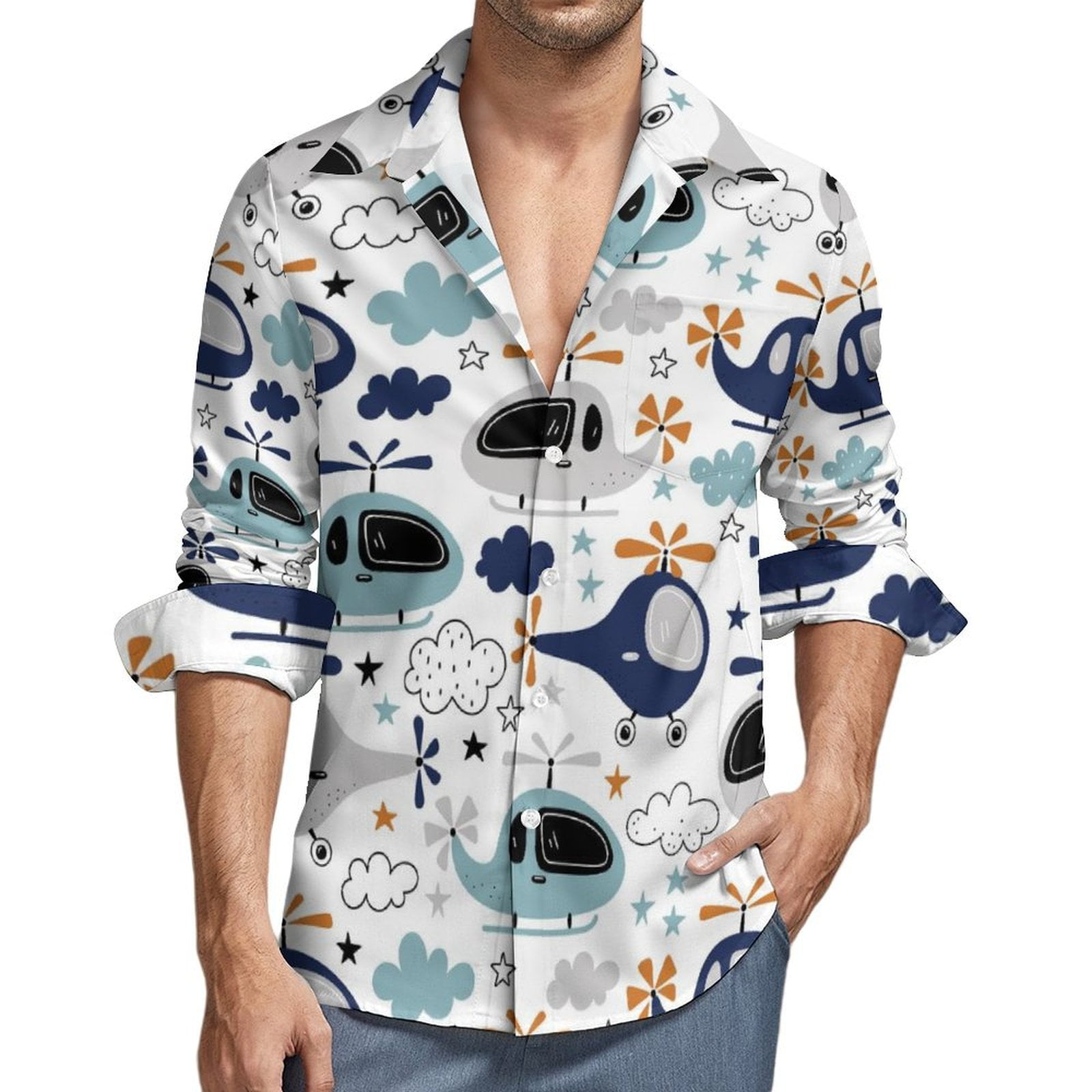 Long Sleeve Button Down Shirts for Men Cartoon Helicopters Casual V ...