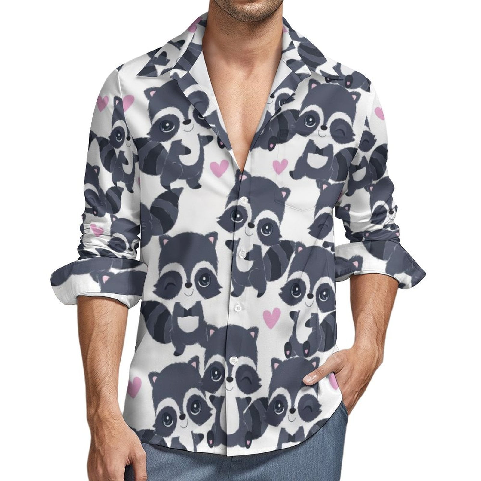 Long Sleeve Button Down Shirts for Men, Cartoon Raccoon Casual Handsome ...