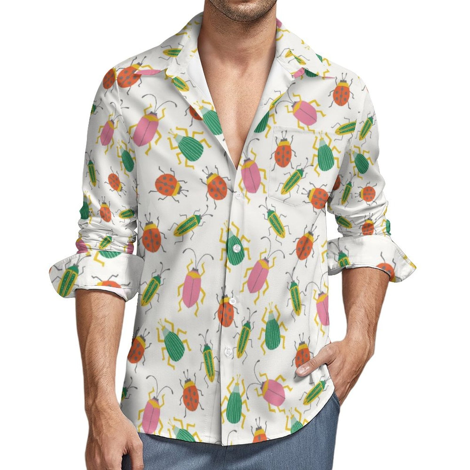 Long Sleeve Button Down Shirts for Men, Colorful Insect1 Soft Casual V ...