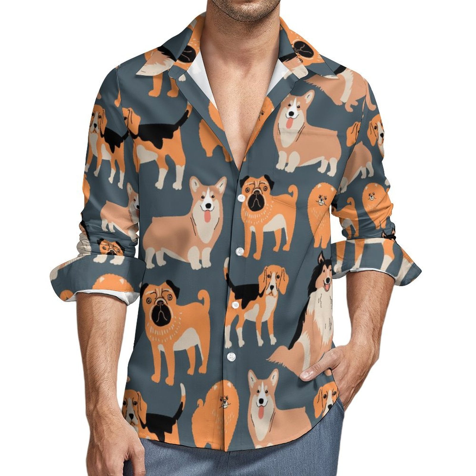 Long Sleeve Button Down Shirts for Men, Corgi Collie Pug Casual V-Neck ...
