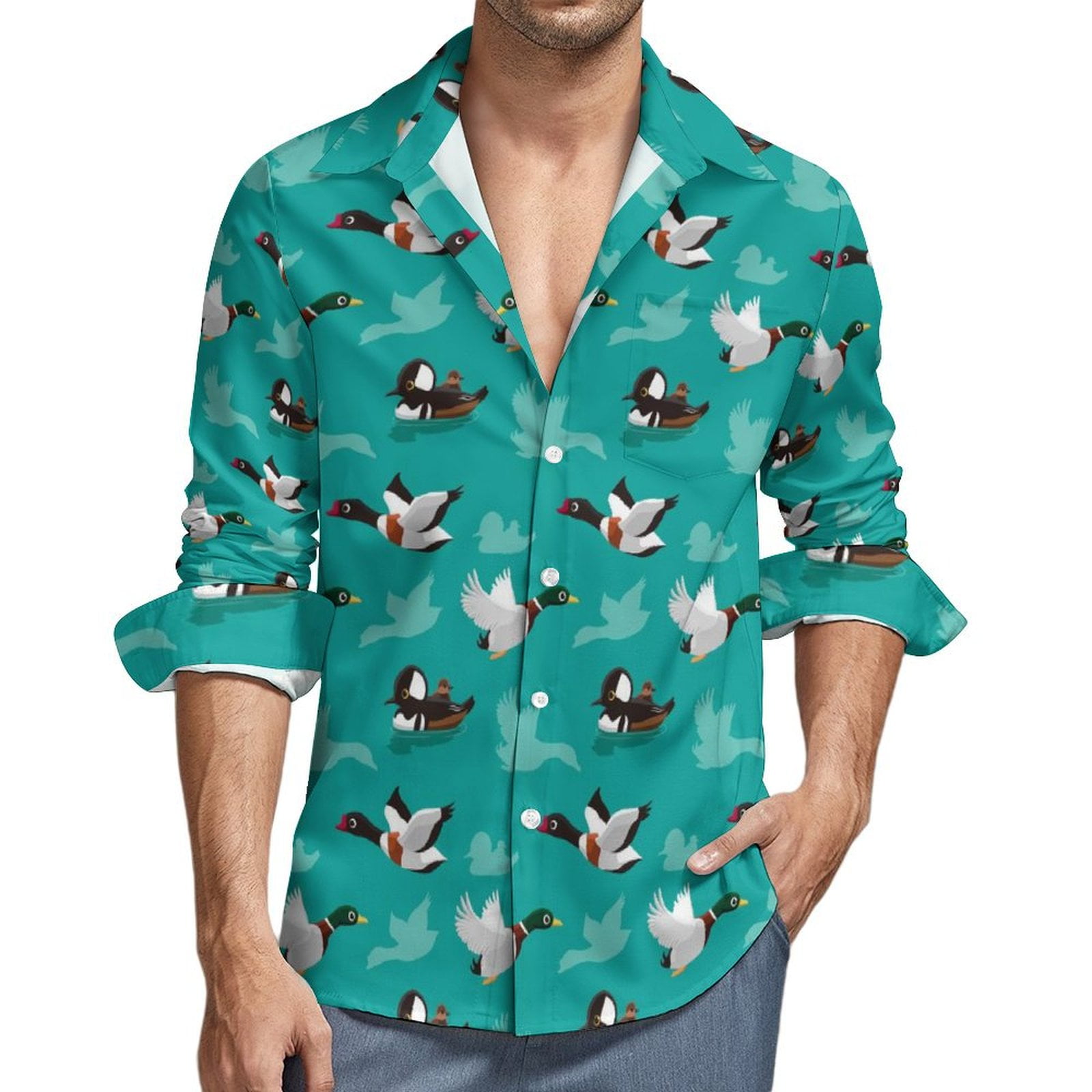 Long Sleeve Button Down Shirts for Men, Ducks A Casual Handsome V-Neck ...