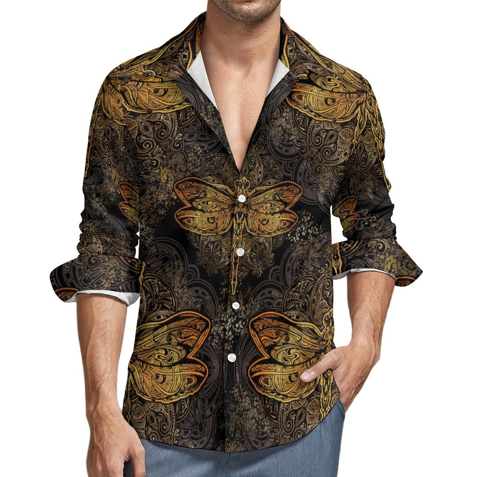 Long Sleeve Button Down Shirts for Men, Gold Dragonfly Mandala Casual V ...
