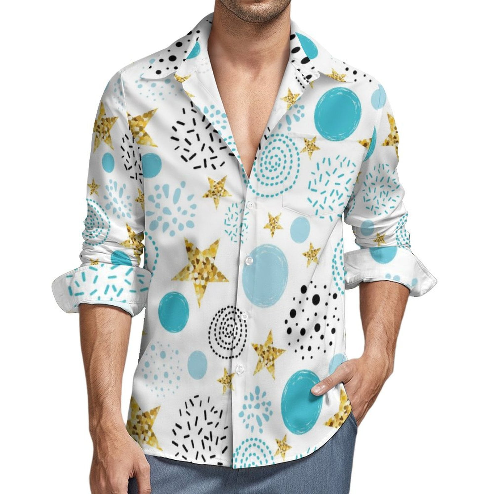 Long Sleeve Button Down Shirts for Men, Gold Stars Blue Dots Pattern ...