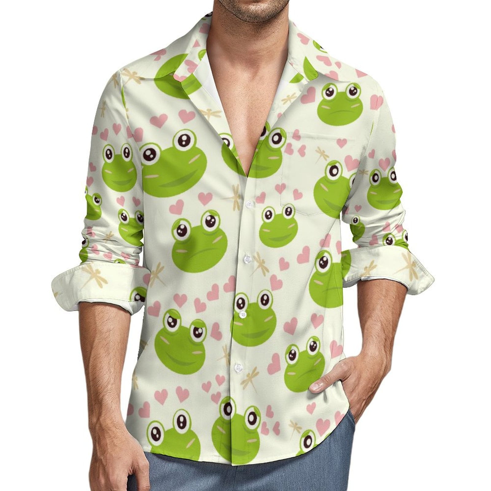 Long Sleeve Button Down Shirts for Men, Green Frog Soft Casual V-Neck Mens Button Up Shirt ...