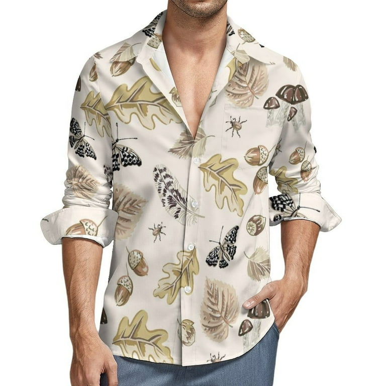 Long Sleeve Button Down Shirts for Men Nuts Leaf Butterfly V Neck Mens Button Up Shirt Casual Fashion Tops Men with Pocket