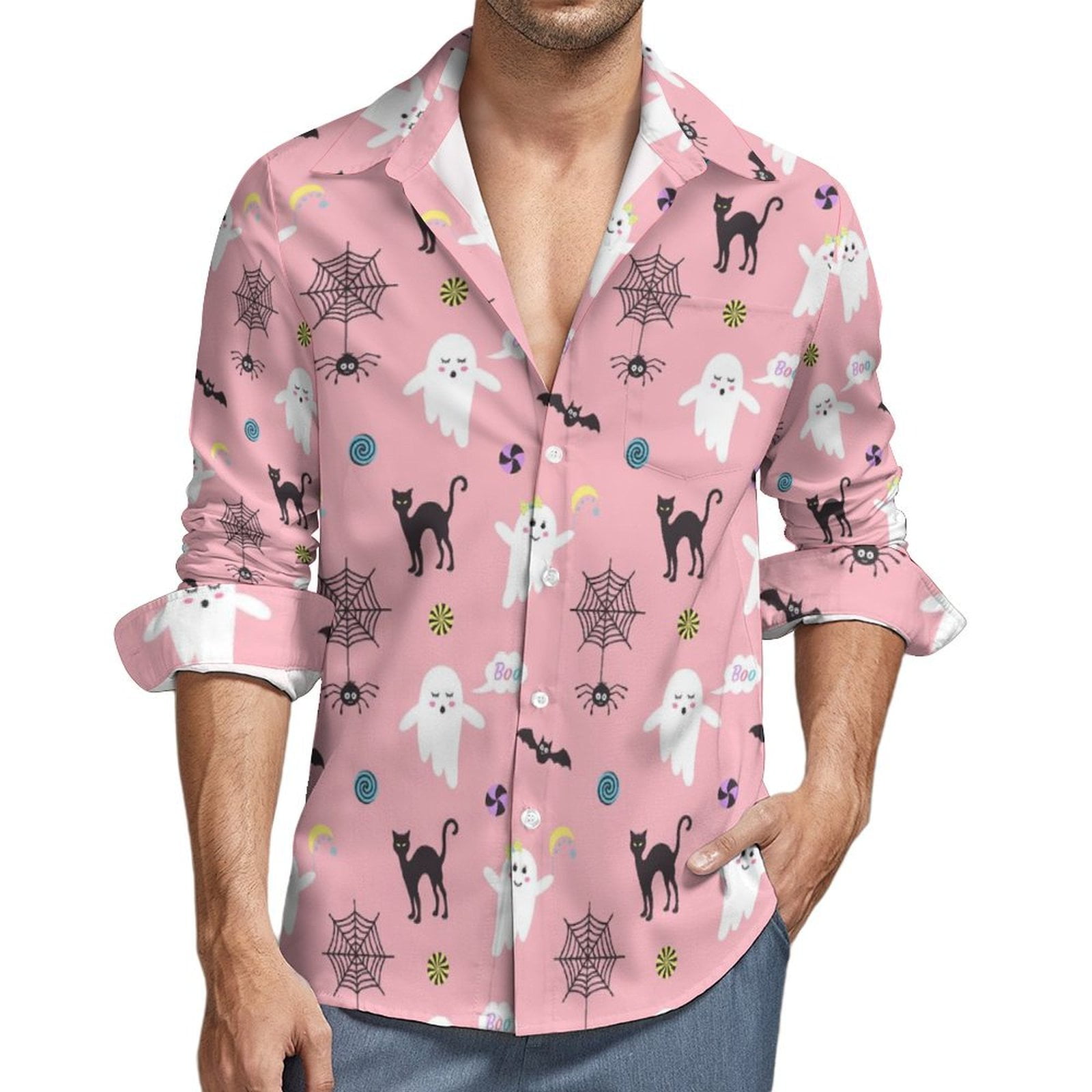 Long Sleeve Button Down Shirts for Men Pink Pattern Spooky Casual V ...